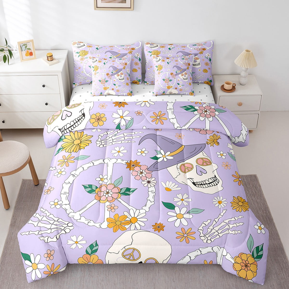 YST Hippie Groovy Skull Comforter Set Queen 7 Piece,60S 70S Halloween ...