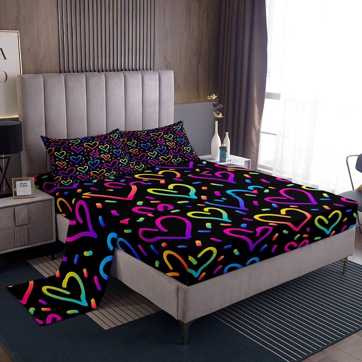 YST Hippie Love Heart Bed Sheets Set Black Pink Blue Queen Size Sheet ...
