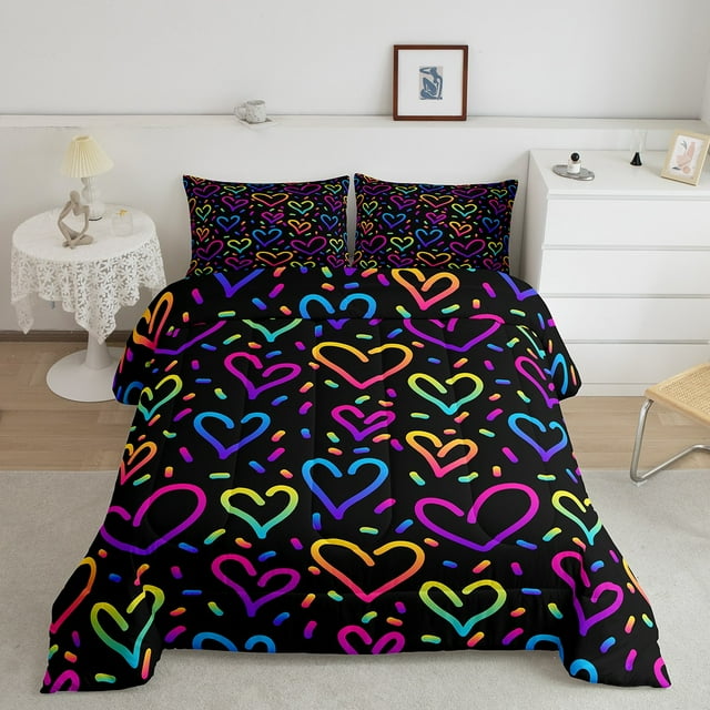 YST Hippie Love Heart Bedding Twin Black Pink Blue Comforter Set ...