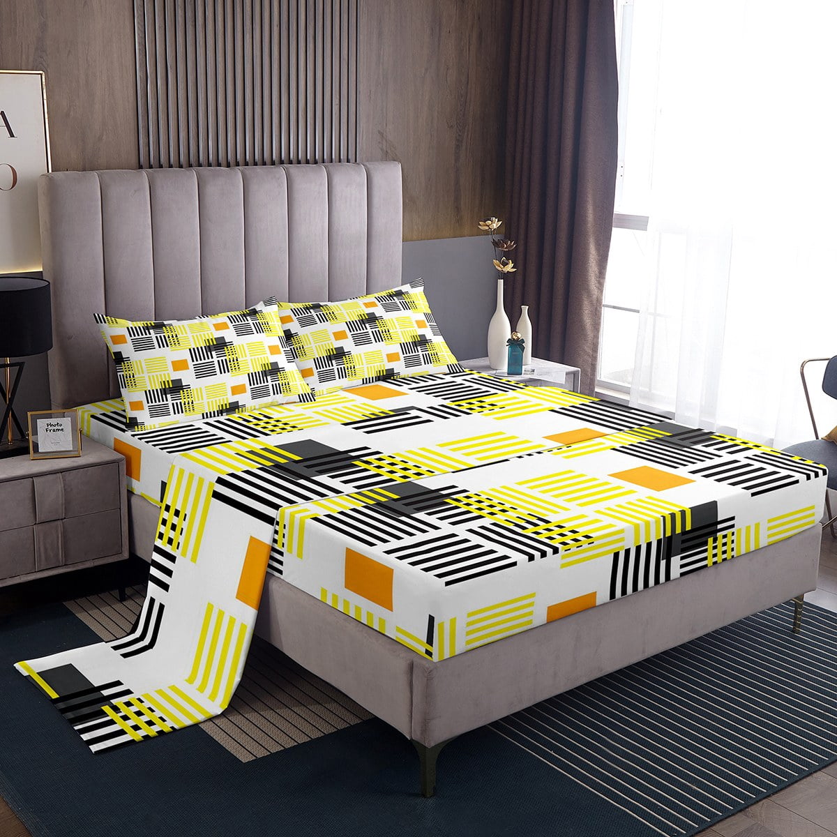 Hippie Minimalist King Sheets Yellow Black Orange White Bed Set, Retro ...