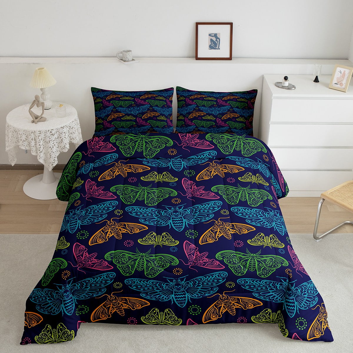 YST Hippie Moth Bedding King Boho Butterfly Comforter Set, Neon Blue ...