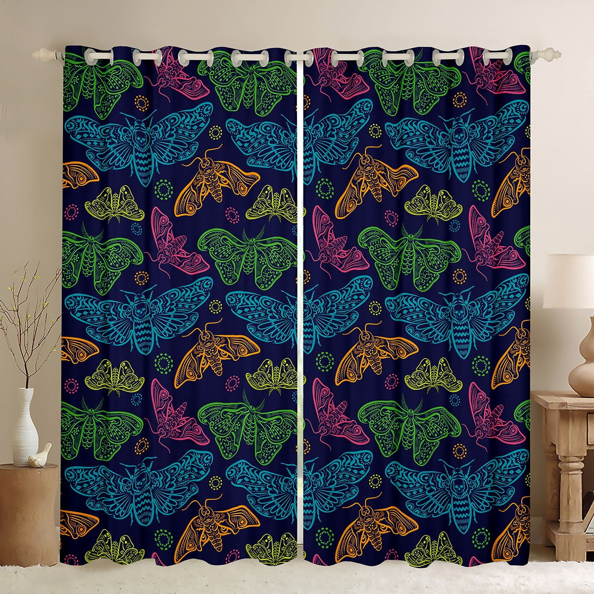 YST Hippie Moth Curtains Boho Butterfly Curtains & Drapes, Neon Blue ...