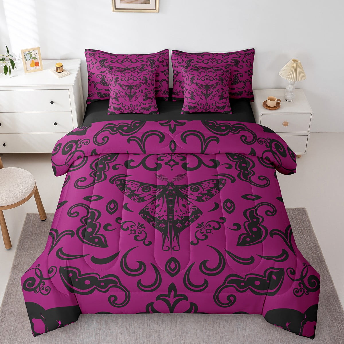 YST Hippie Moth Gothic Bed In A Bag 7 Piece Queen Retro Damask Goth ...