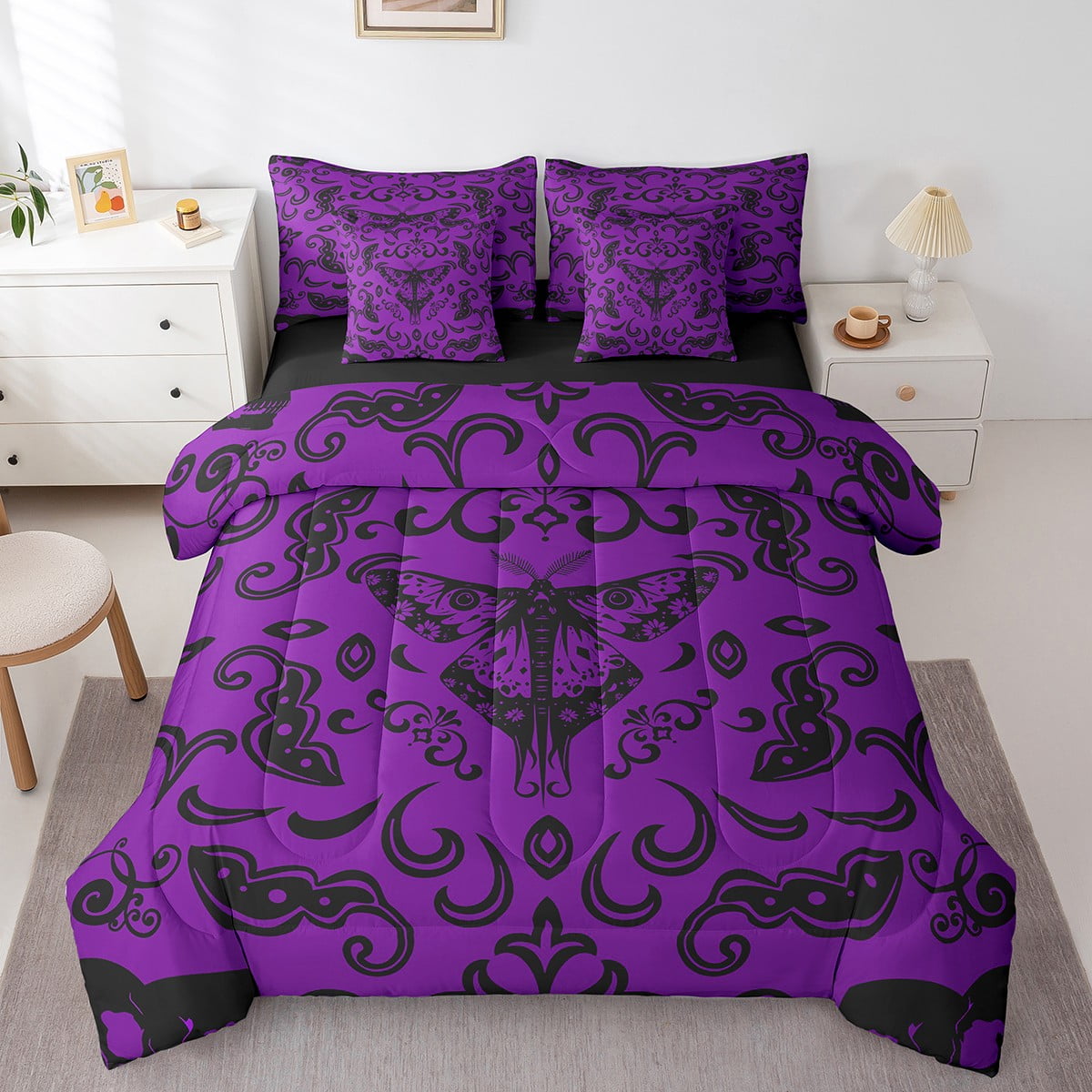 YST Hippie Moth Gothic Bedding Set 7 Piece Queen Retro Damask Goth Bed ...