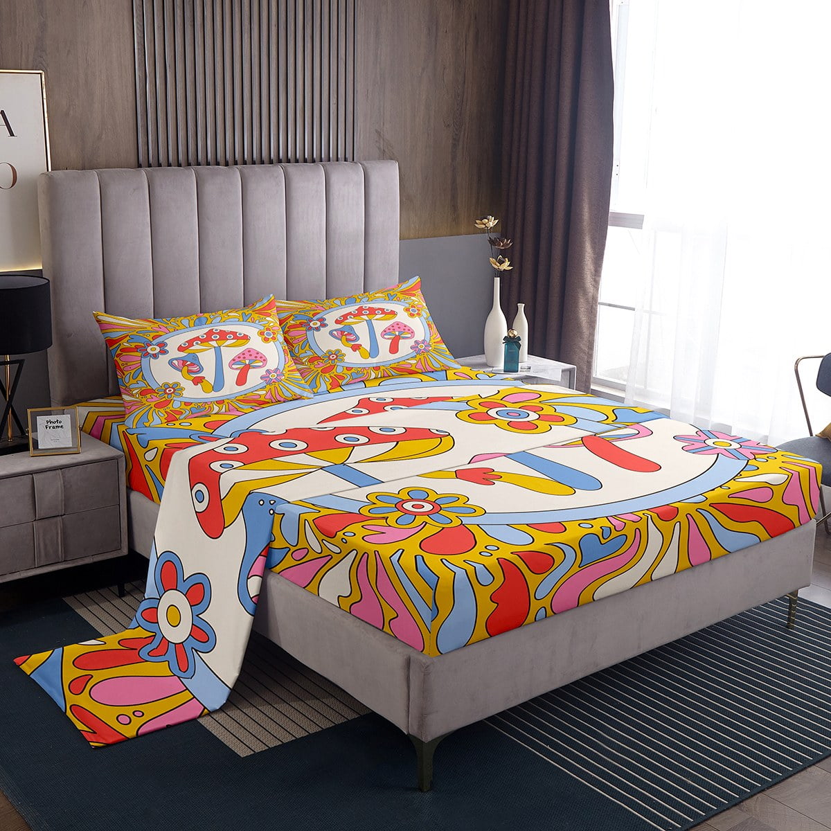 Erosebridal Hippie Mushroom Bed Sheets Set Groovy Flower Queen Size ...