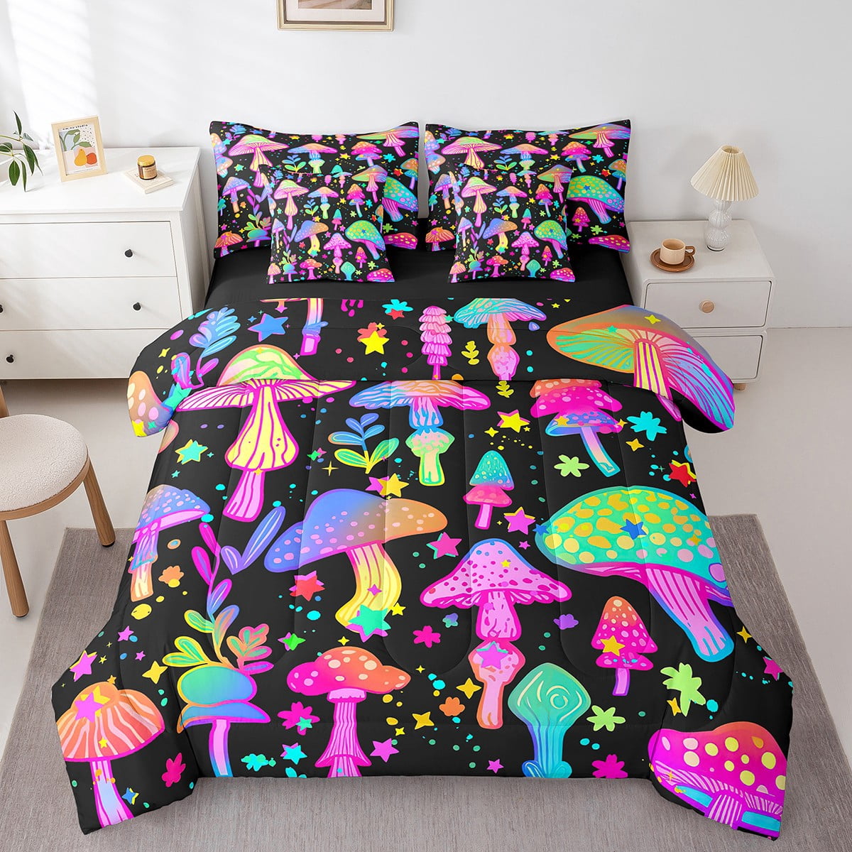 Hippie Mushroom Bedding Comforter Sets Cartoon Wild Fungus Bed in a Bag ...