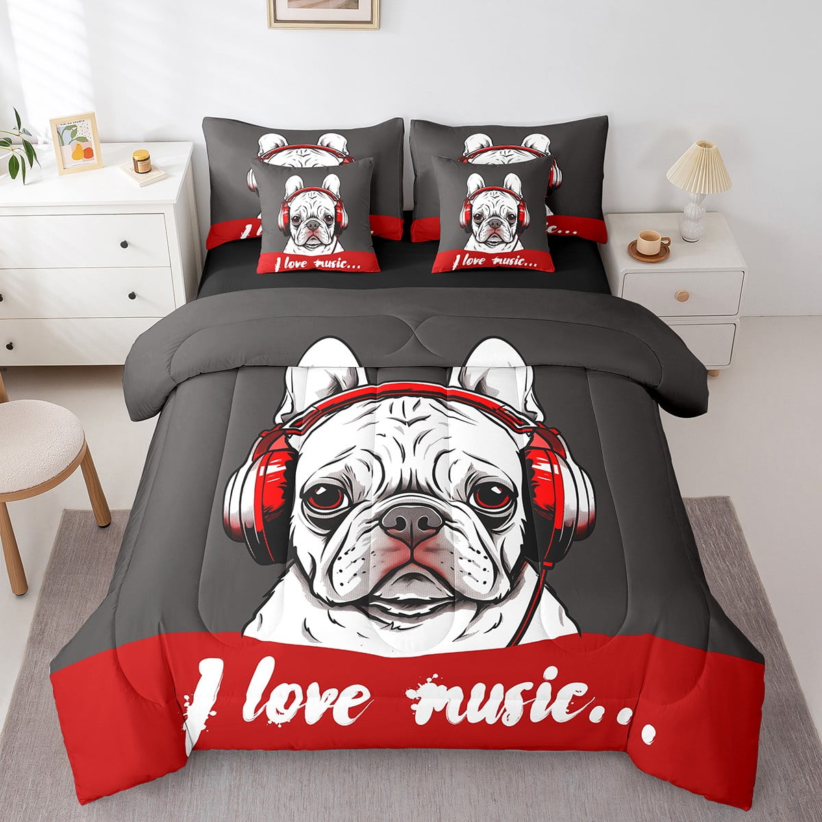 Hippie Pug Twin Comforter Set 7 Pieces Cartoon Dog Bedding Comforter ...