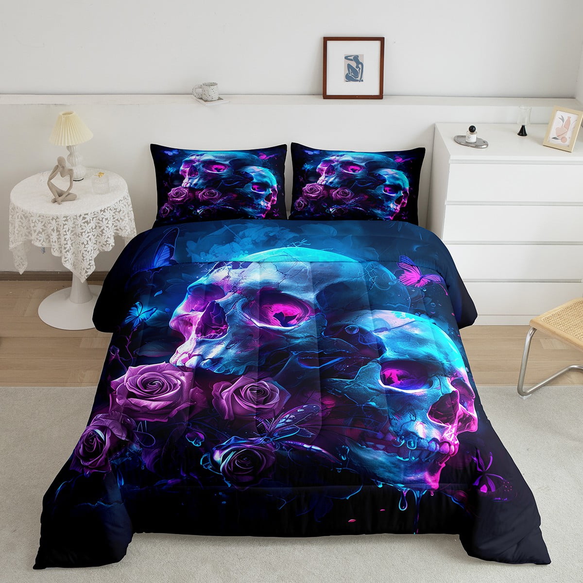 Erosebridal Hippie Sugar Skull Queen Comforter Set Pink Rose Floral ...