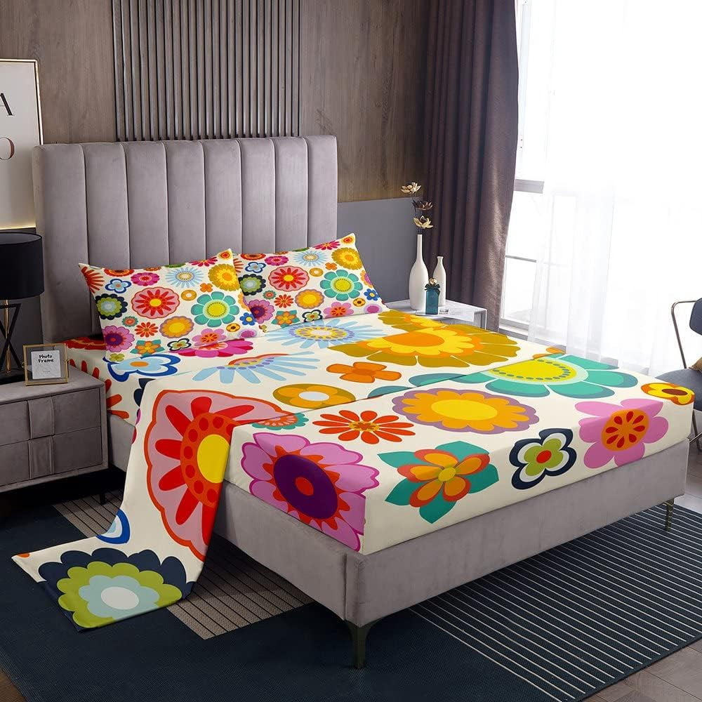Hippy Flower Fitted Sheet Full,Adults 60s Flower Power Bed Sheets ...