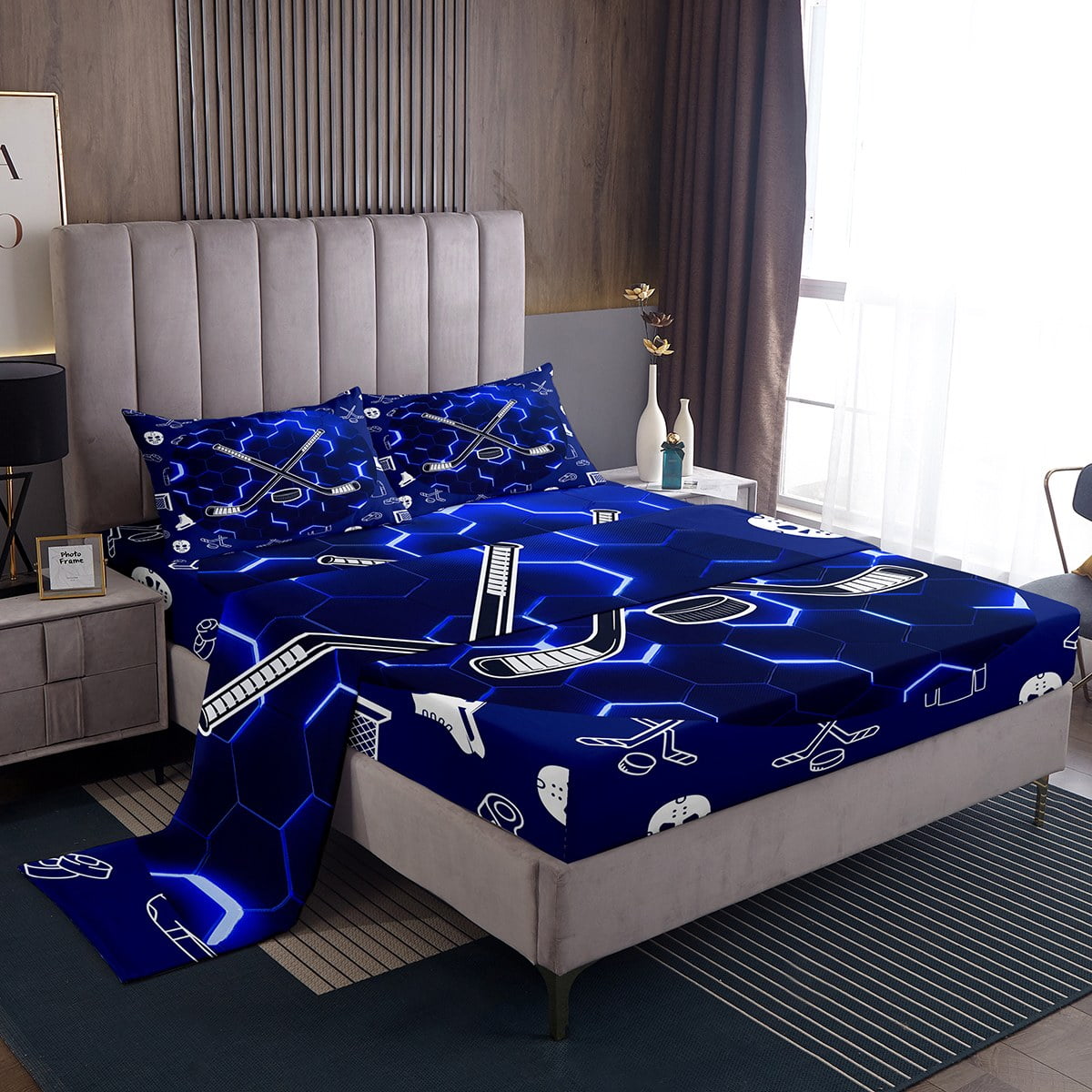 Hockey Bedding Set Queen Blue Neon Honeycomb Hockey Bed Sheets Teen Men ...