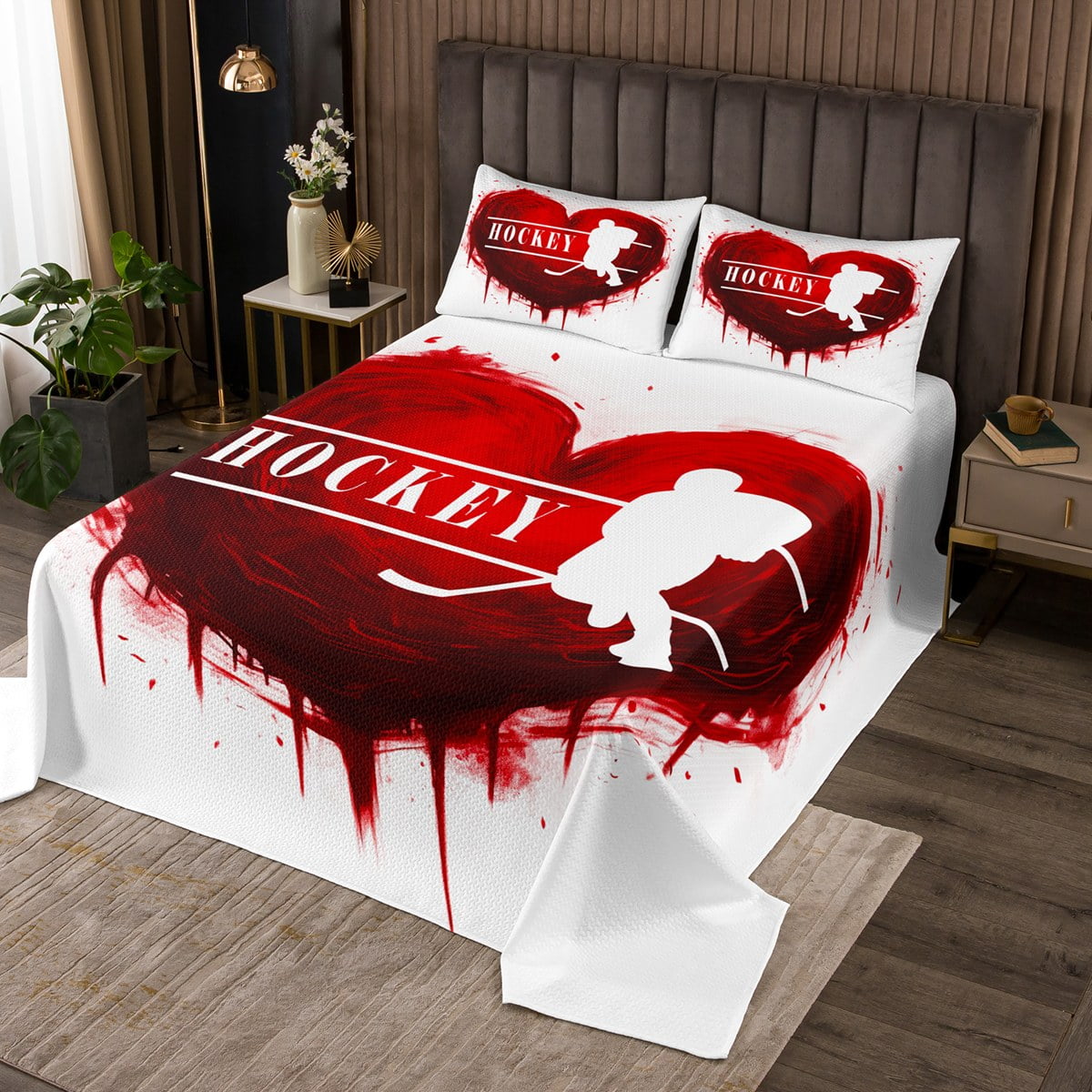 Erosebridal Hockey Coverlet Set,Sport Fans Puck Quilt Set Queen,Love ...