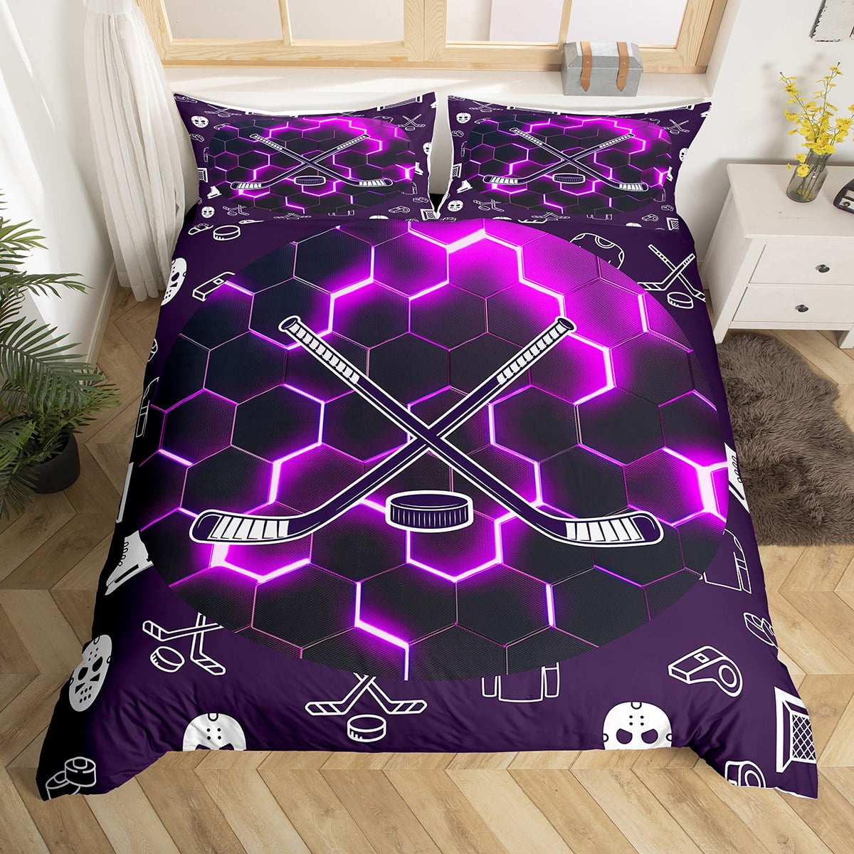 Hockey King Comforter Cover Women,Purple Black Neon Geometric Honeycomb ...