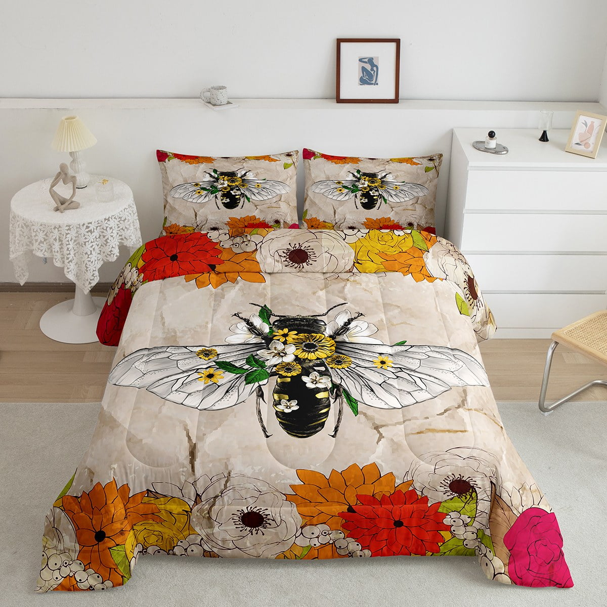 YST Honey Bee Bedding Set Twin Colorful Flowers Comforter Set for Girls ...