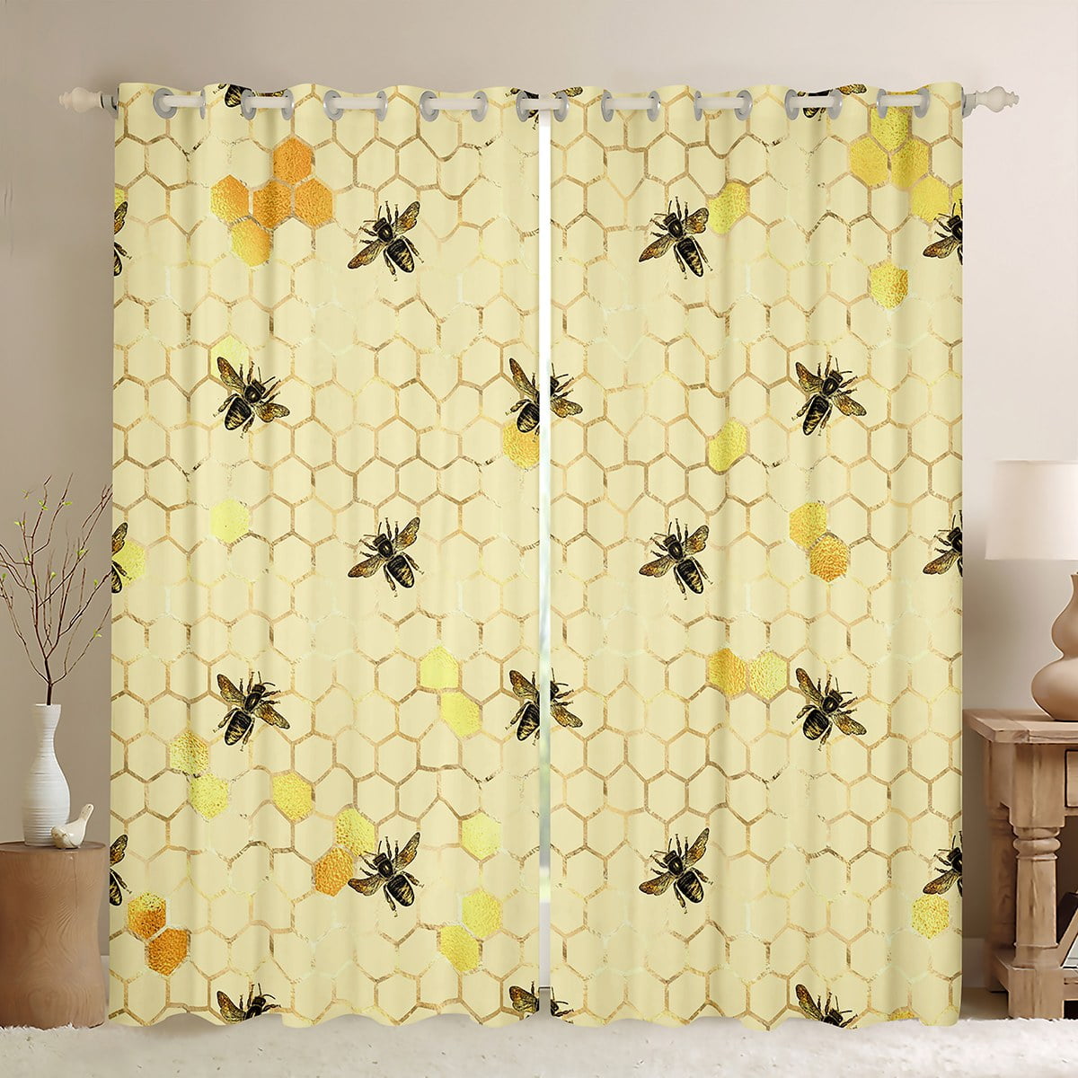 Erosebridal Honey Bee Blackout Curtains Yellow Beige Honeycomb Curtains ...