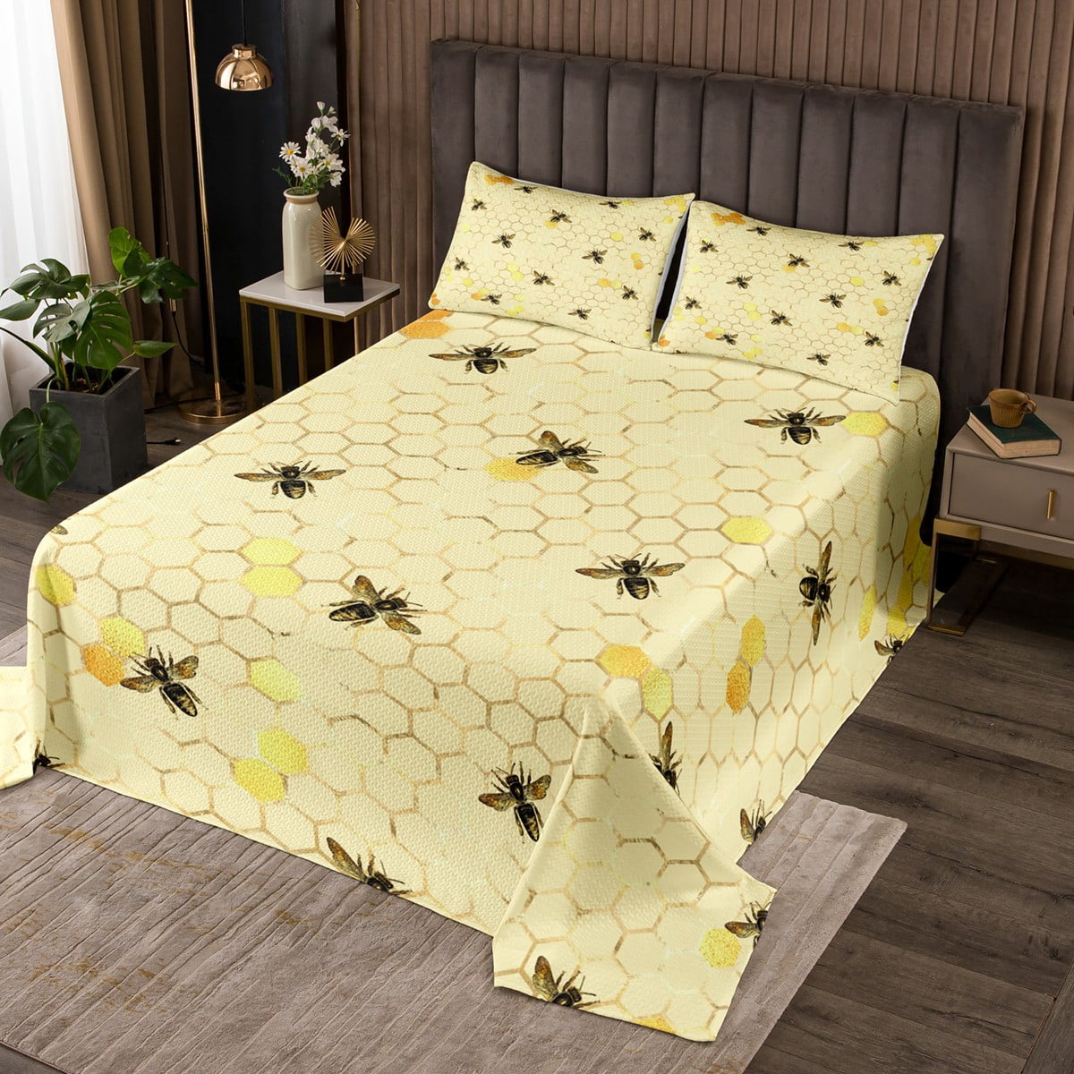 Erosebridal Honey Bee Coverlet King Size Yellow Beige Honeycomb Bedding ...