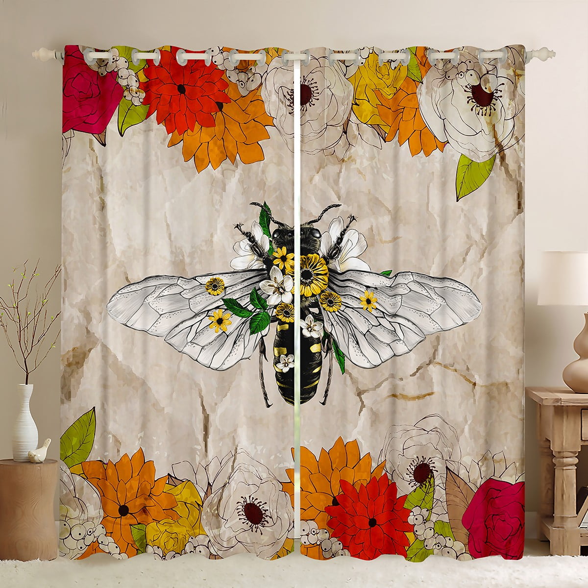 YST Honey Bee Curtains & Drapes Colorful Flowers Curtains for Girls ...