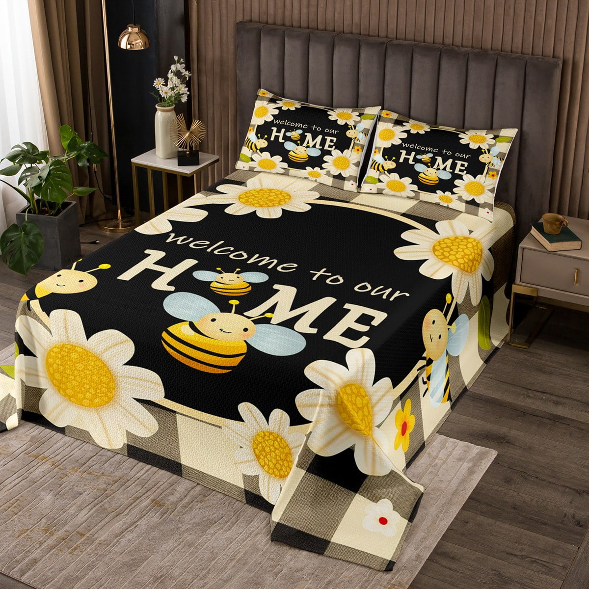 Erosebridal Honey Bee Queen Bedspread Set,Spring Daisy Flower Bedding ...