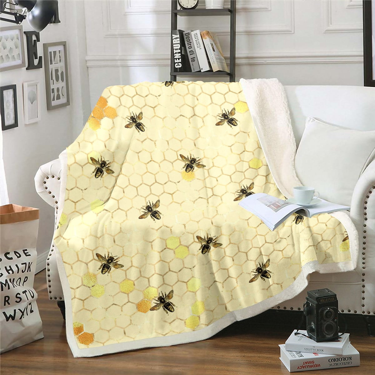 Honey Bee Throw Blanket for Couch Yellow Beige Honeycomb Fleece Blanket ...