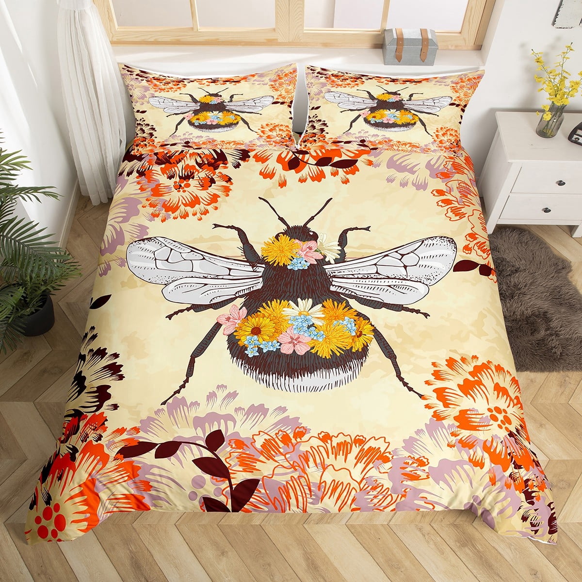 YST Honeybee Duvet Cover King Girly Floral Bedding Set for Girls Women ...