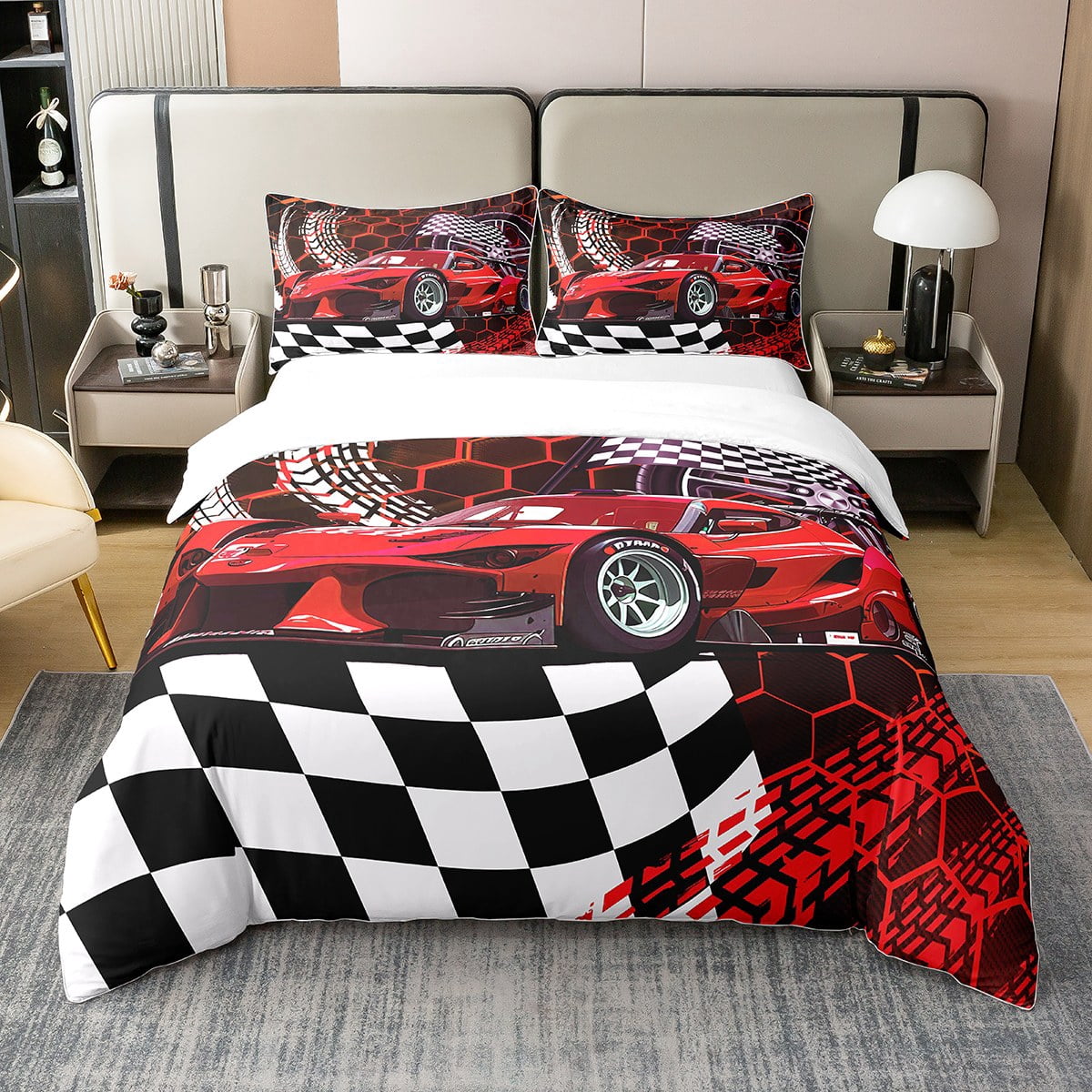 Erosebridal Honeycomb 100% Cotton Duvet Cover,King Race Car Bedding Set ...