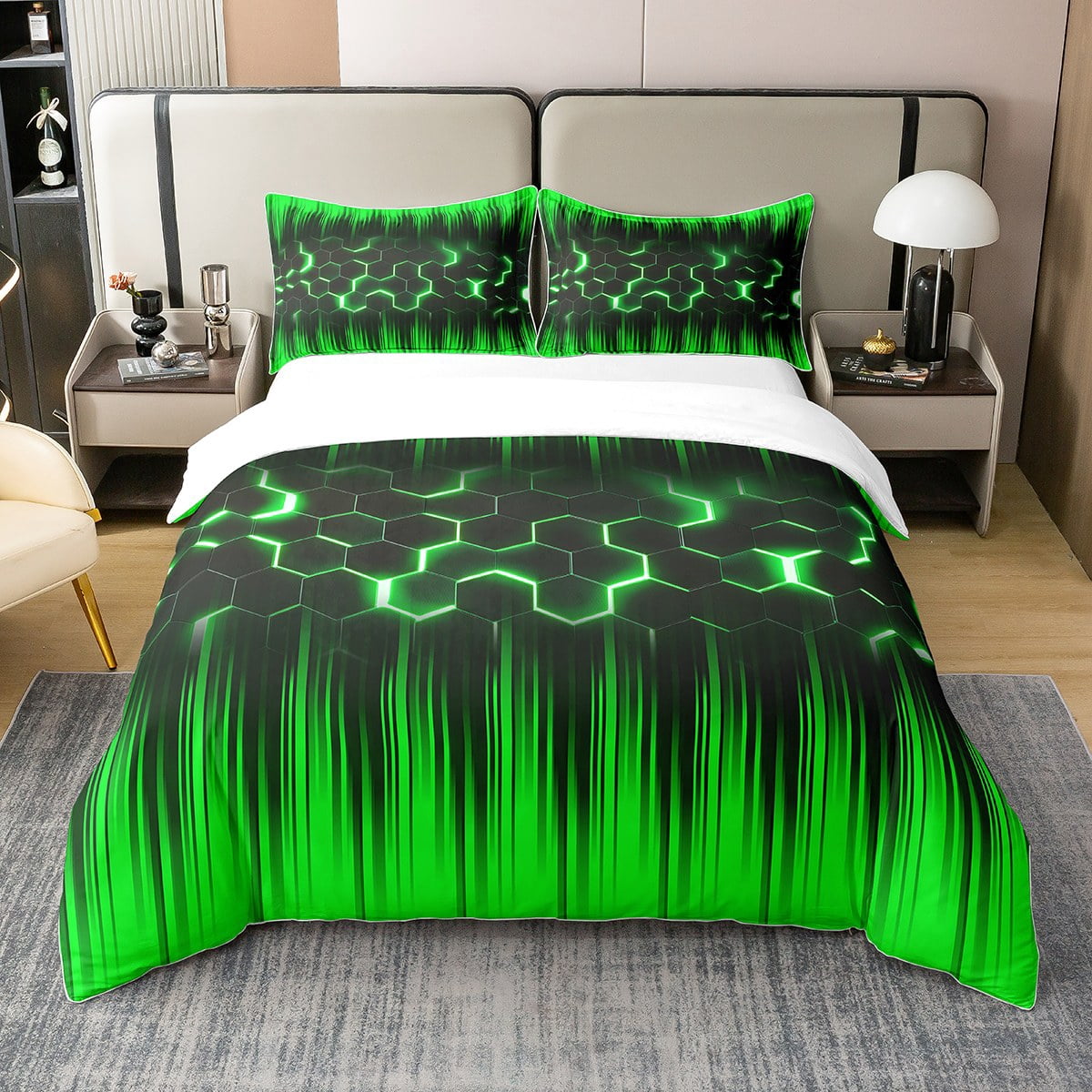 Honeycomb 100% Cotton Duvet Cover Full Neon Green and Black Geometric ...