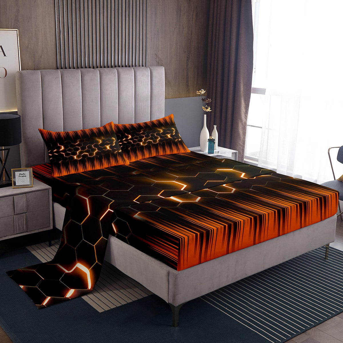 Erosebridal Honeycomb Bed Sheets Full Neon Orange Black Geometric Sheet ...