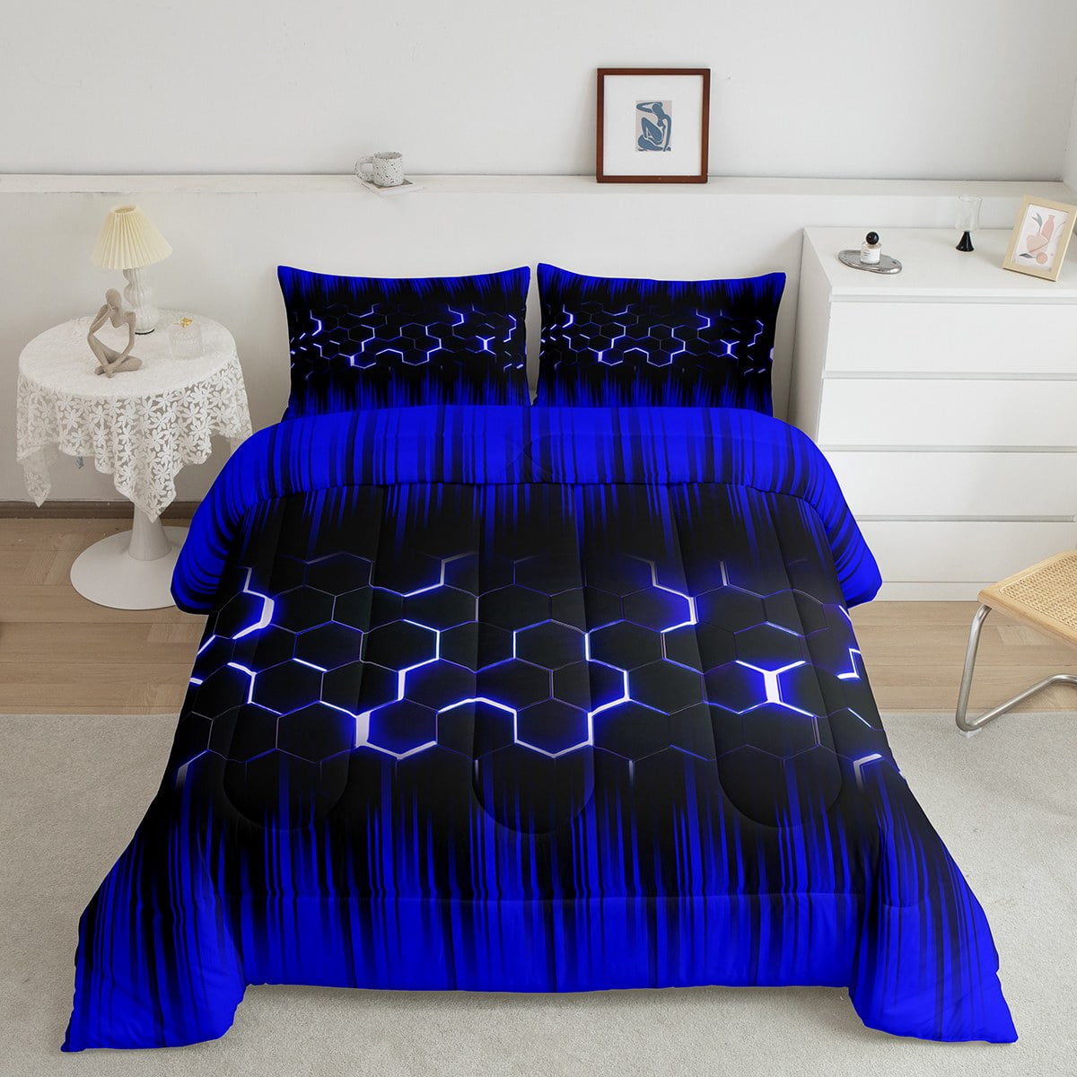 Honeycomb Comforter Set King Neon Blue and Black Geometric Bedding Set ...