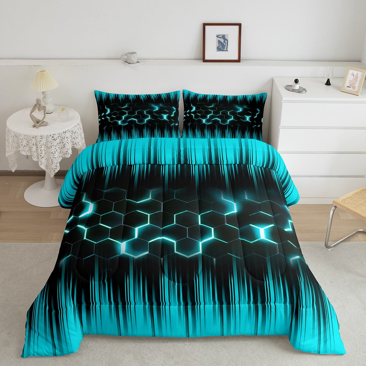 Honeycomb Comforter Set Queen Neon Teal and Black Geometric Bedding Set ...
