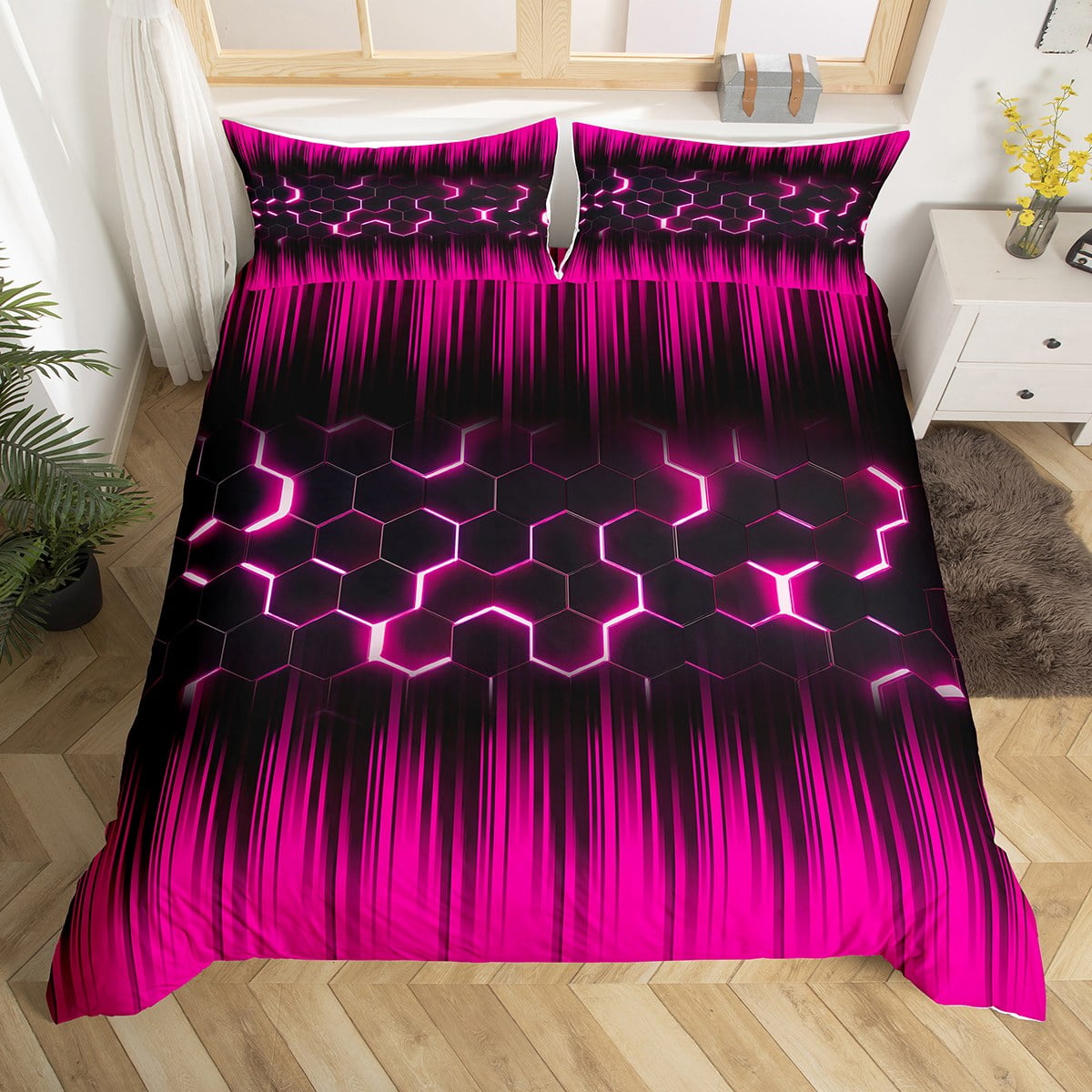 Erosebridal Honeycomb Duvet Cover Full Neon Pink and Black Geometric ...