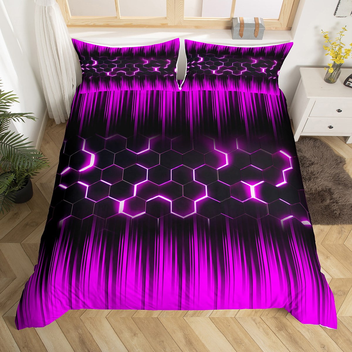 Honeycomb Duvet Cover Full Neon Purple and Black Geometric Bedding Set ...