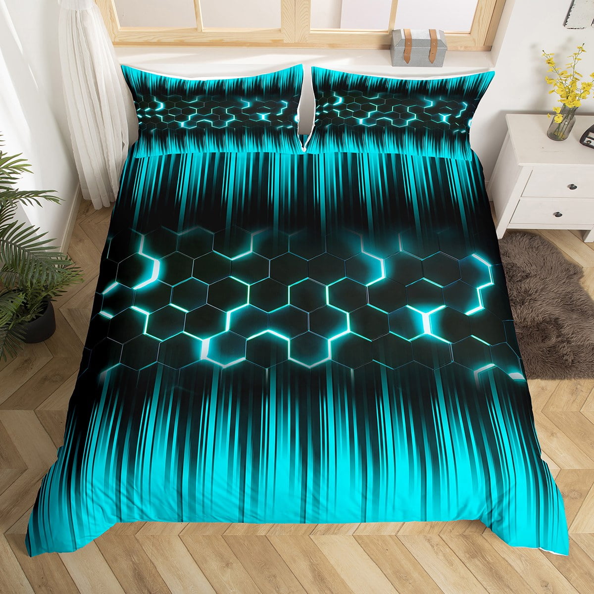 Erosebridal Honeycomb Duvet Cover Full Neon Teal and Black Geometric ...