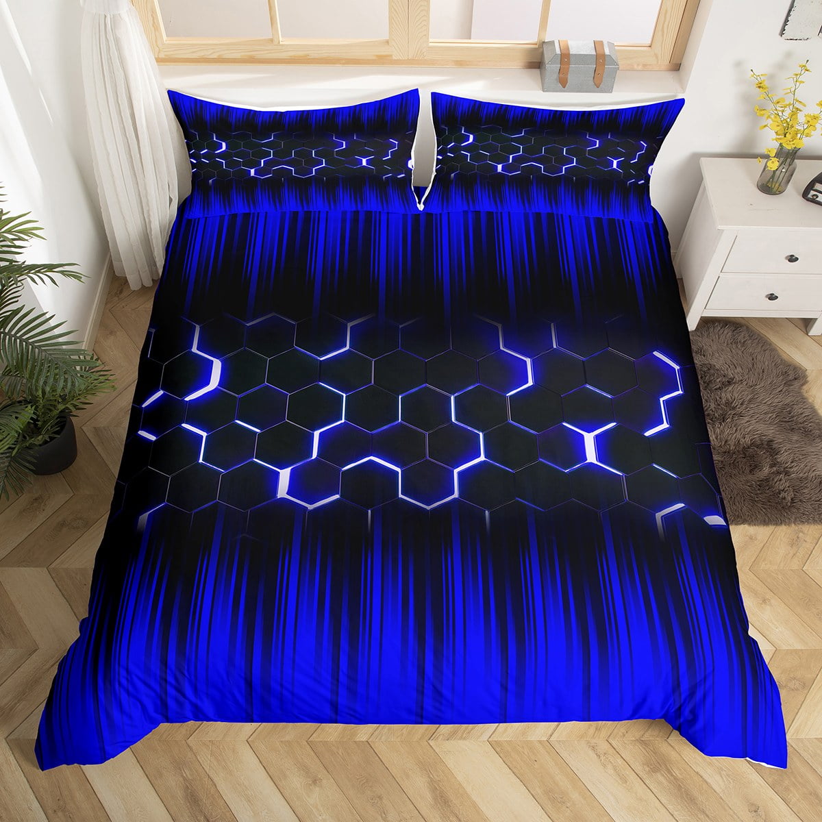 Honeycomb Duvet Cover King Neon Blue and Black Geometric Bedding Set ...