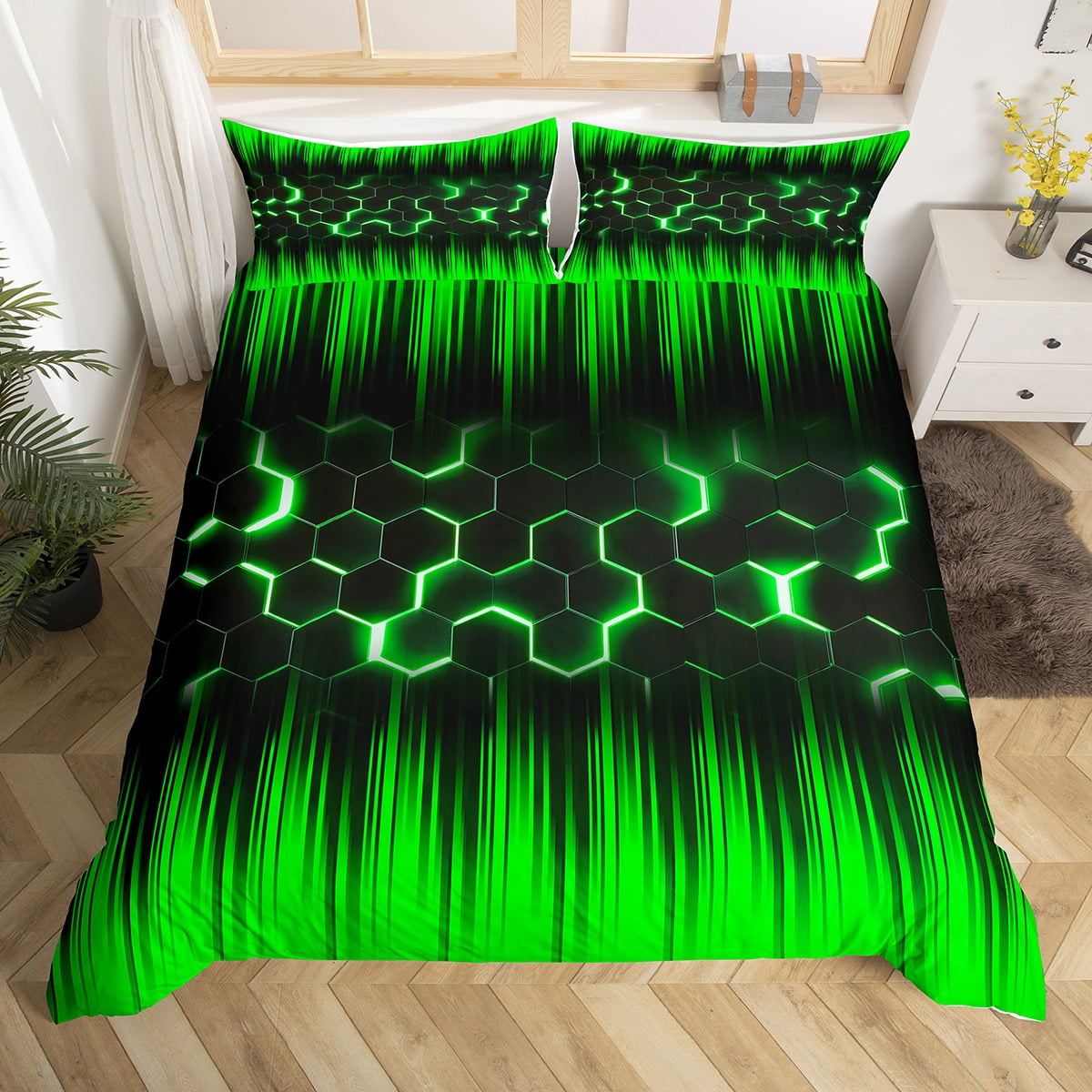 YST Honeycomb Duvet Cover Queen Neon Green and Black Geometric Bedding ...