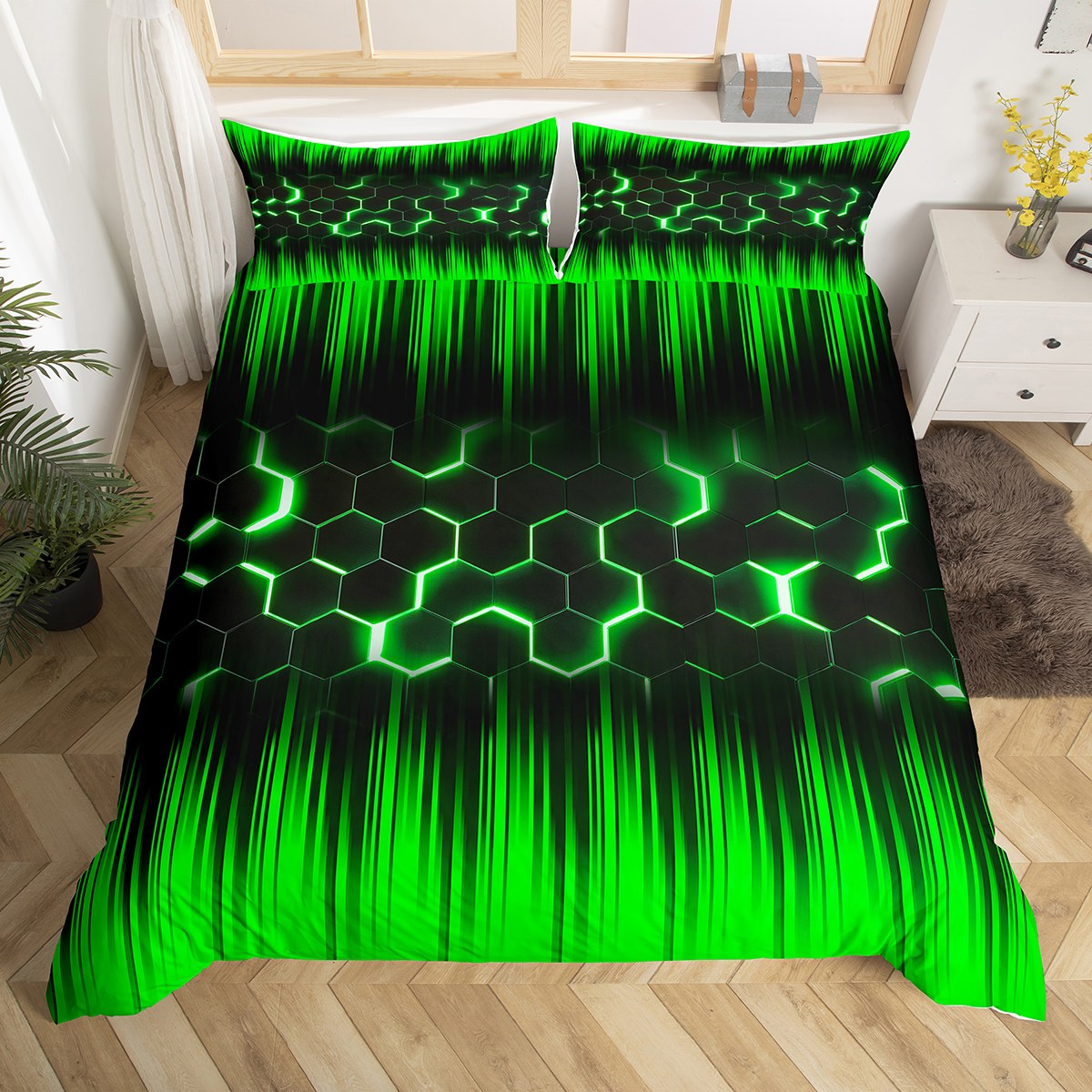 Honeycomb Duvet Cover Twin Neon Green and Black Geometric Bedding Set ...