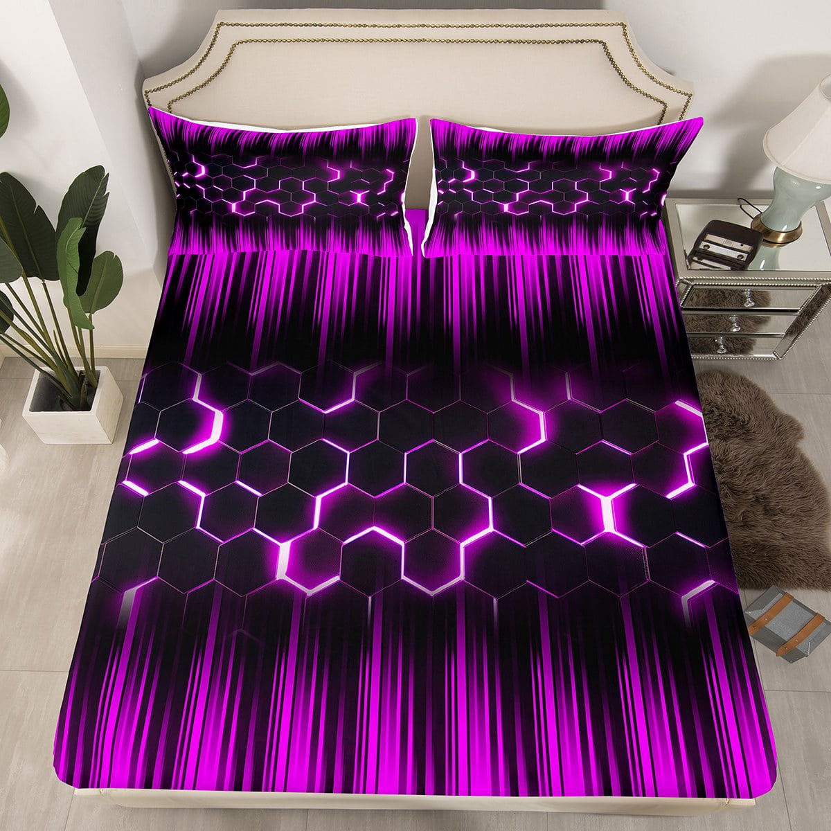 Honeycomb Fitted Sheet Full Neon Purple and Black Geometric Bed Sheets ...