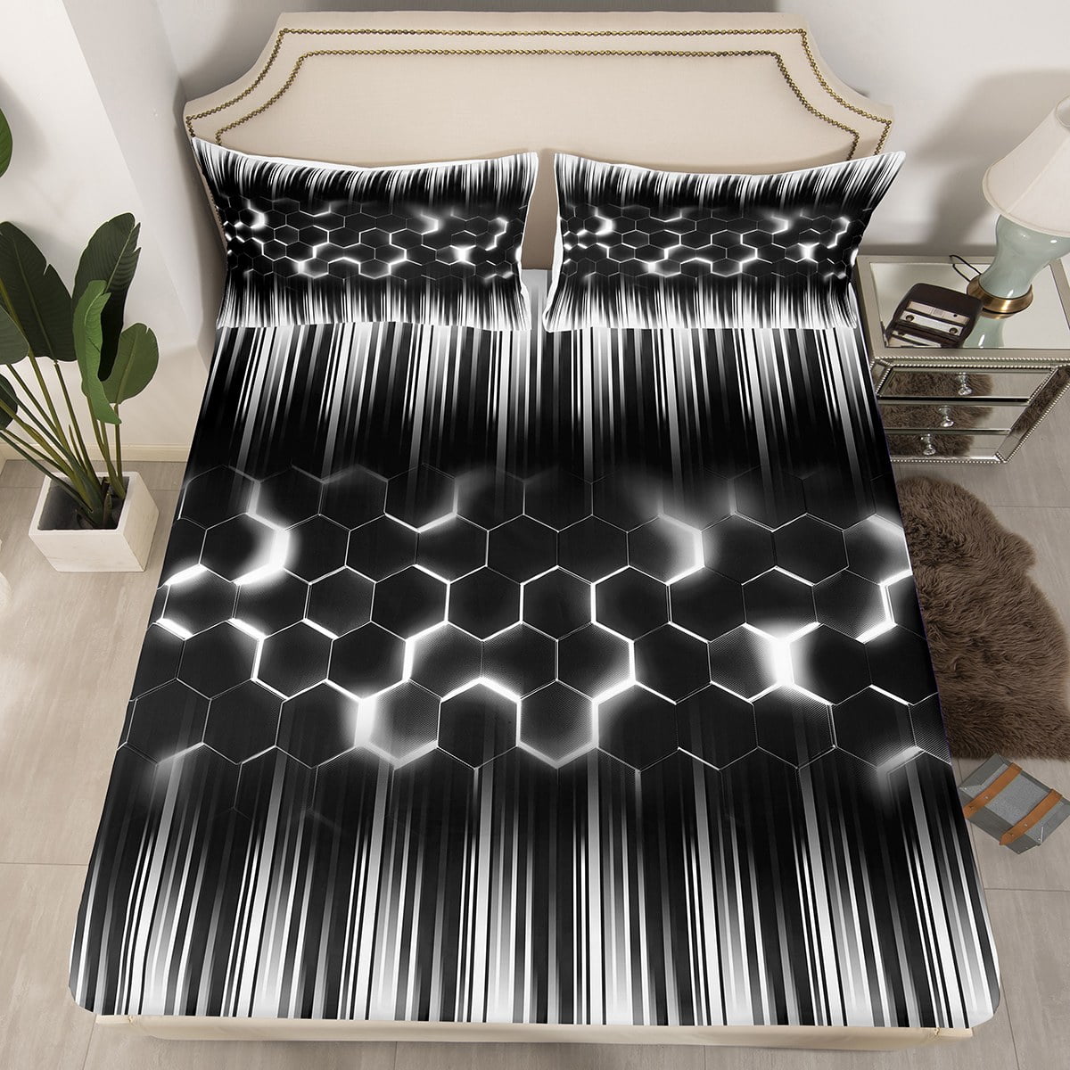 Erosebridal Honeycomb Fitted Sheet Queen Neon Gray White Black ...