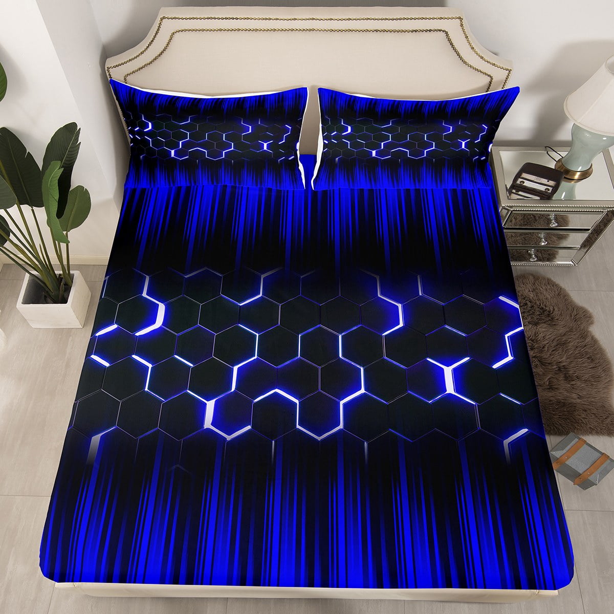 Honeycomb Fitted Sheet Twin Neon Blue and Black Geometric Bed Sheets ...