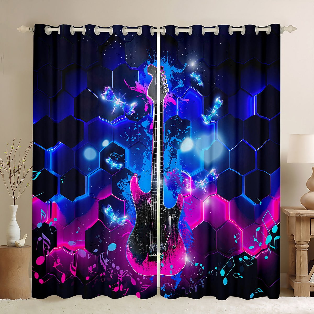 Honeycomb Geometric Neon 30%-50% Blackout Curtains Glowing Elctric ...