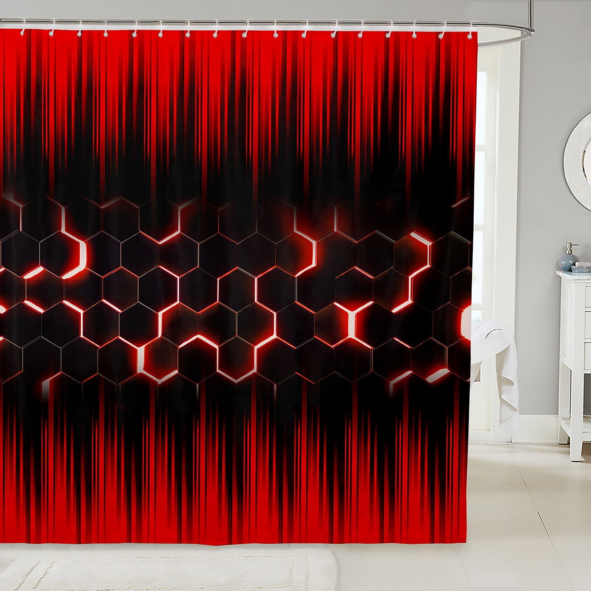 Honeycomb Shower Curtain Set Neon Red and Black Geometric Bathroom Curtains Adult,Geometry ...
