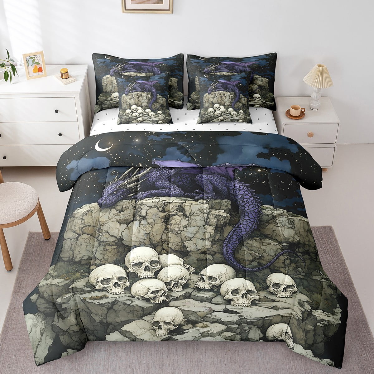 Horror Goth Skull Skeleton 7 Piece Bed in a Bag Queen,Purple Dragon ...