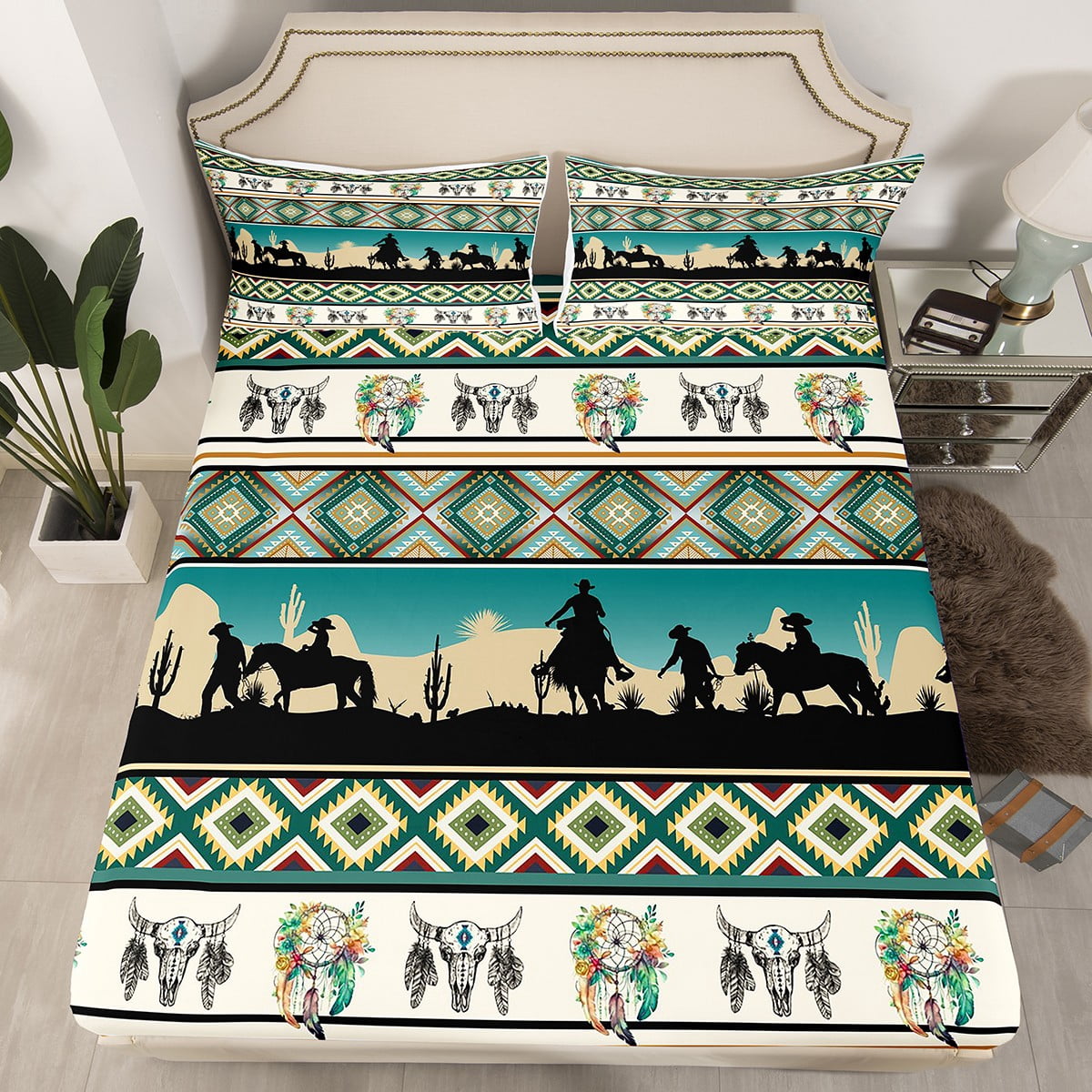 Horse Decor Western Bed Sheets Full,Farm Animals Sheets Geometry Aztec ...