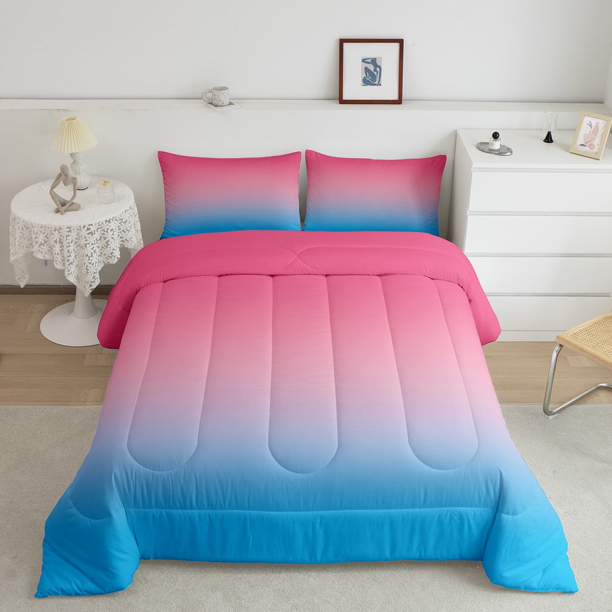 Hot Pink and Blue Comforter Set Queen ,Rainbow Ombre Bedding Set ...