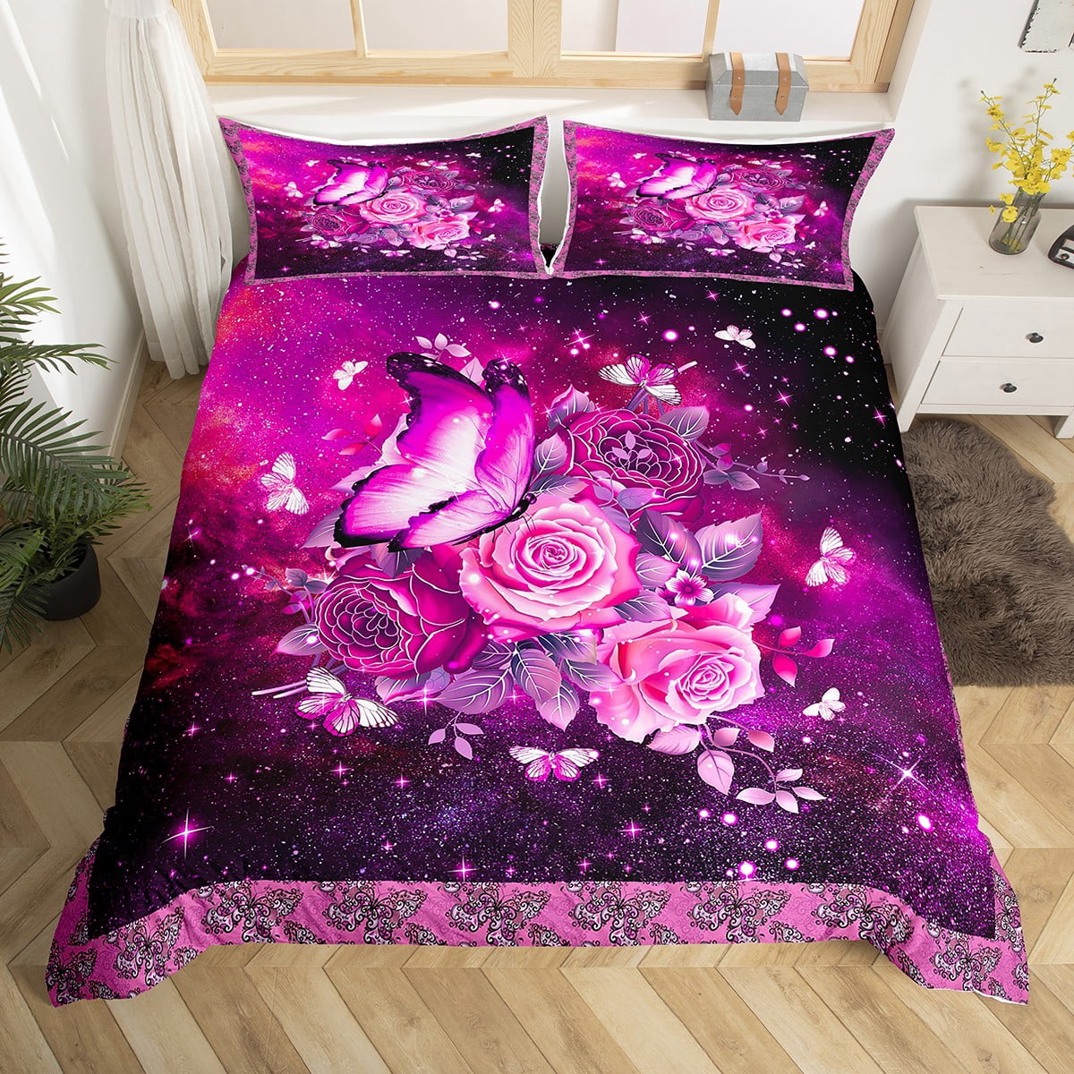 Erosebridal Hot Pink Rose Butterfly Bedding Set Galaxy Glitter Stars ...