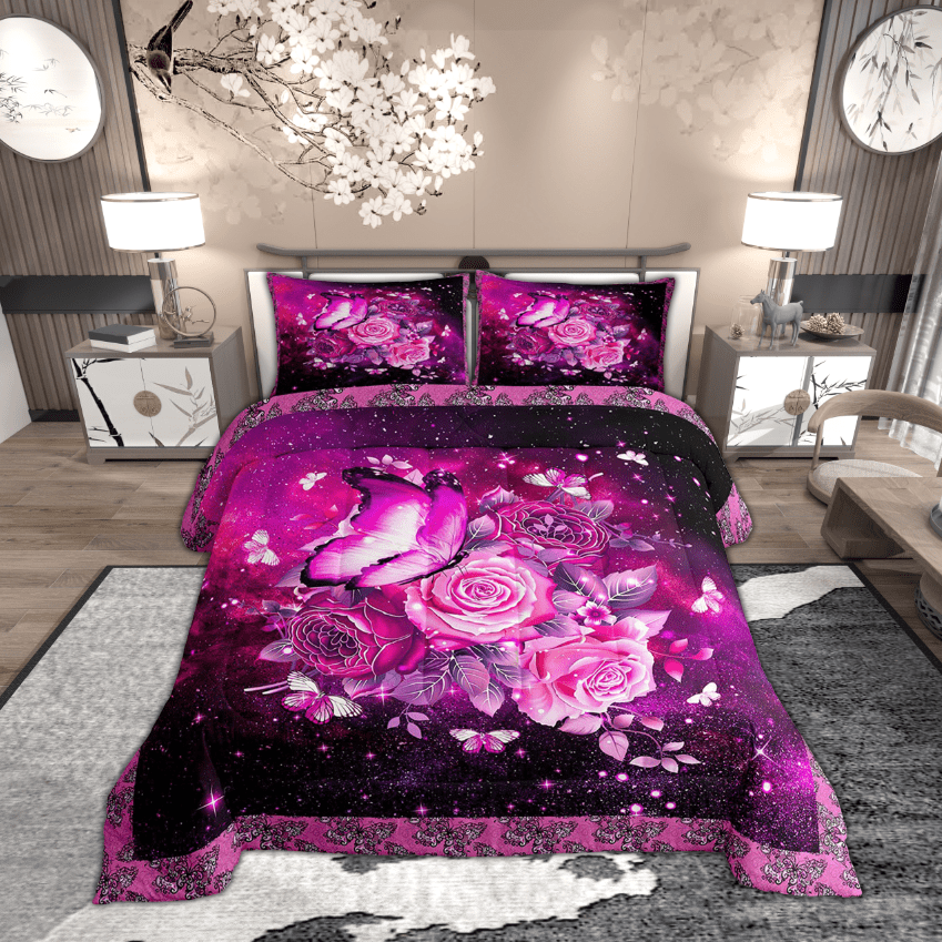 Hot Pink Rose Butterfly Bedding Set Galaxy Glitter Stars Quilt Set ...