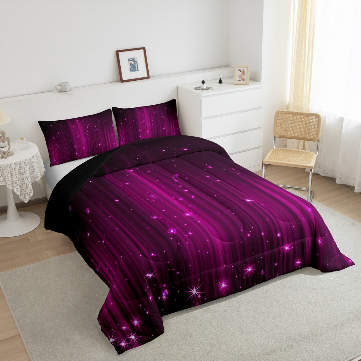 YST Hot Pink and Black Comforter Set Full Ombre Glitter Bedding Set for ...