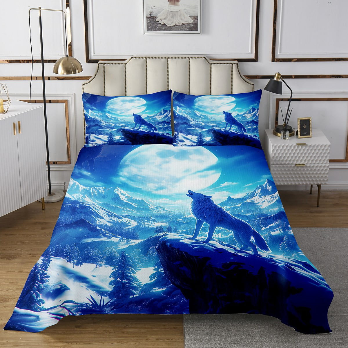 Howling Wolf Coverlet Set Animal Print Wolves Bedspread Set Room Decor ...