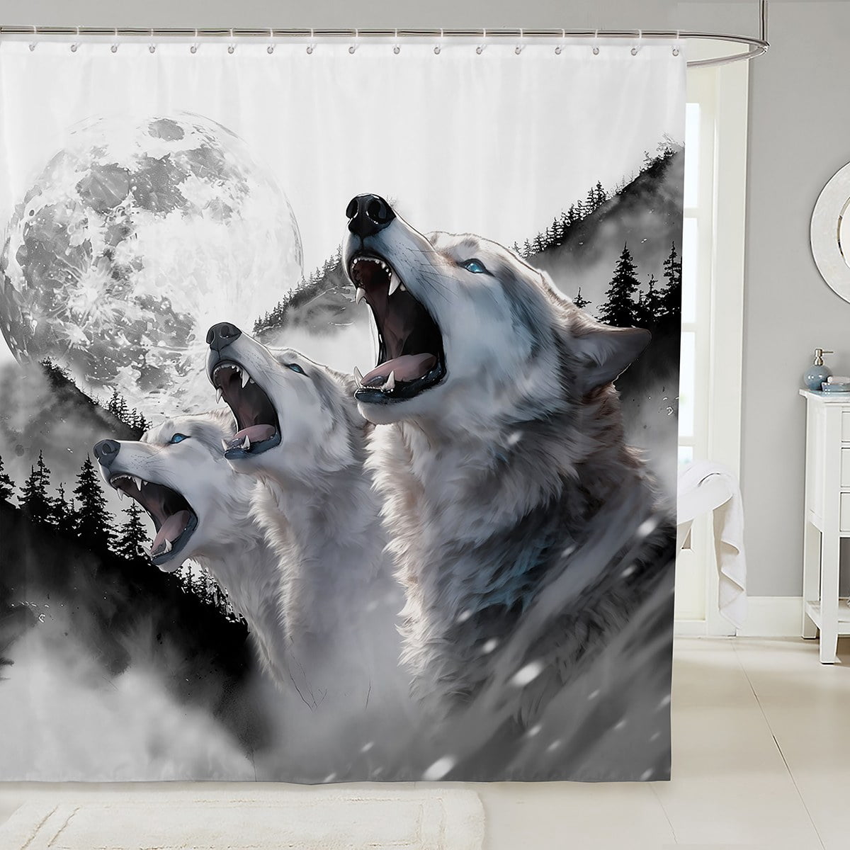 Howling Wolf Fabric Shower Curtain Moon Wolves Woodland Animal Bathroom ...