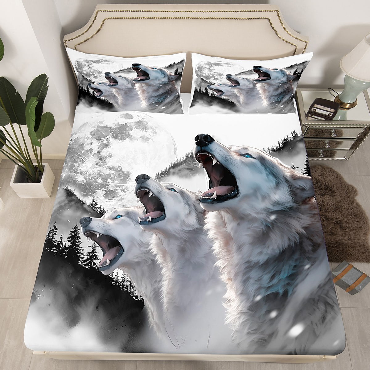 YST Howling Wolf Fitted Sheet Moon Wolves Woodland Animal Bed Sheets ...