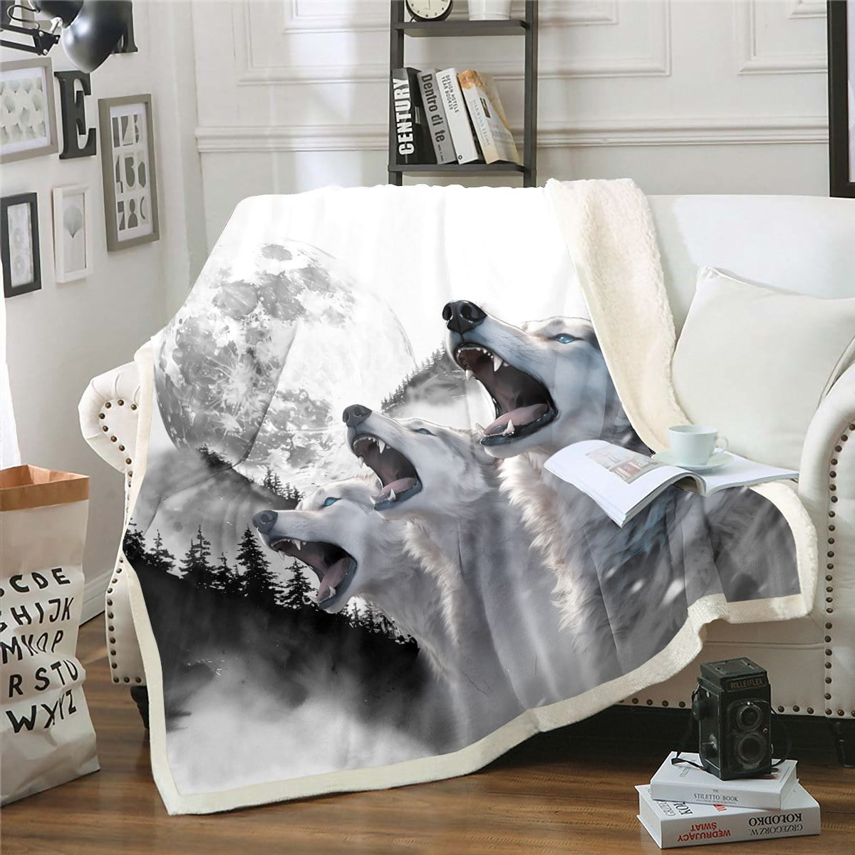 YST Howling Wolf Throw Blanket Moon Wolves Woodland Animal Fleece ...