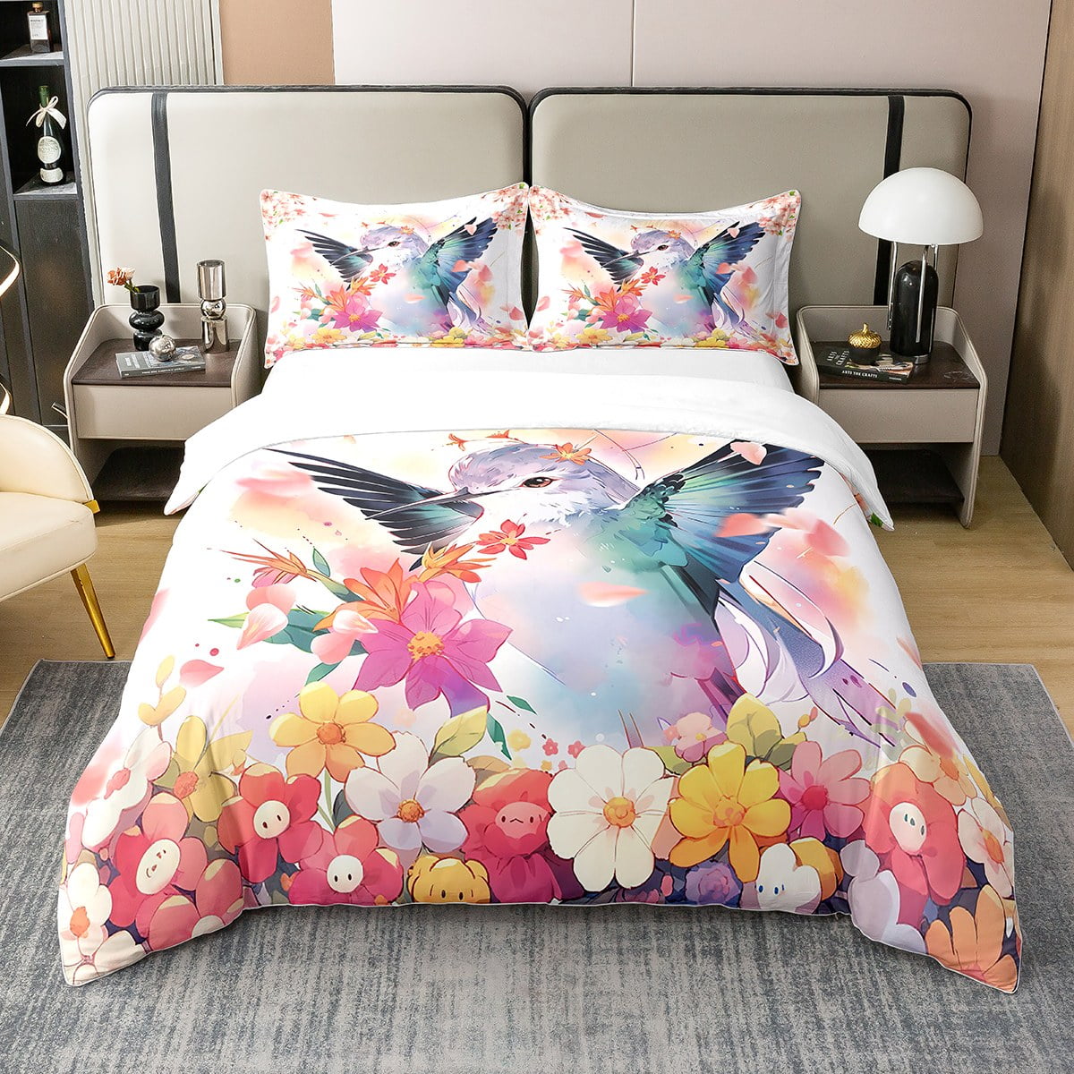Hummingbird 100% Cotton Bedding Set Girly Romantic Floral Duvet Cover ...